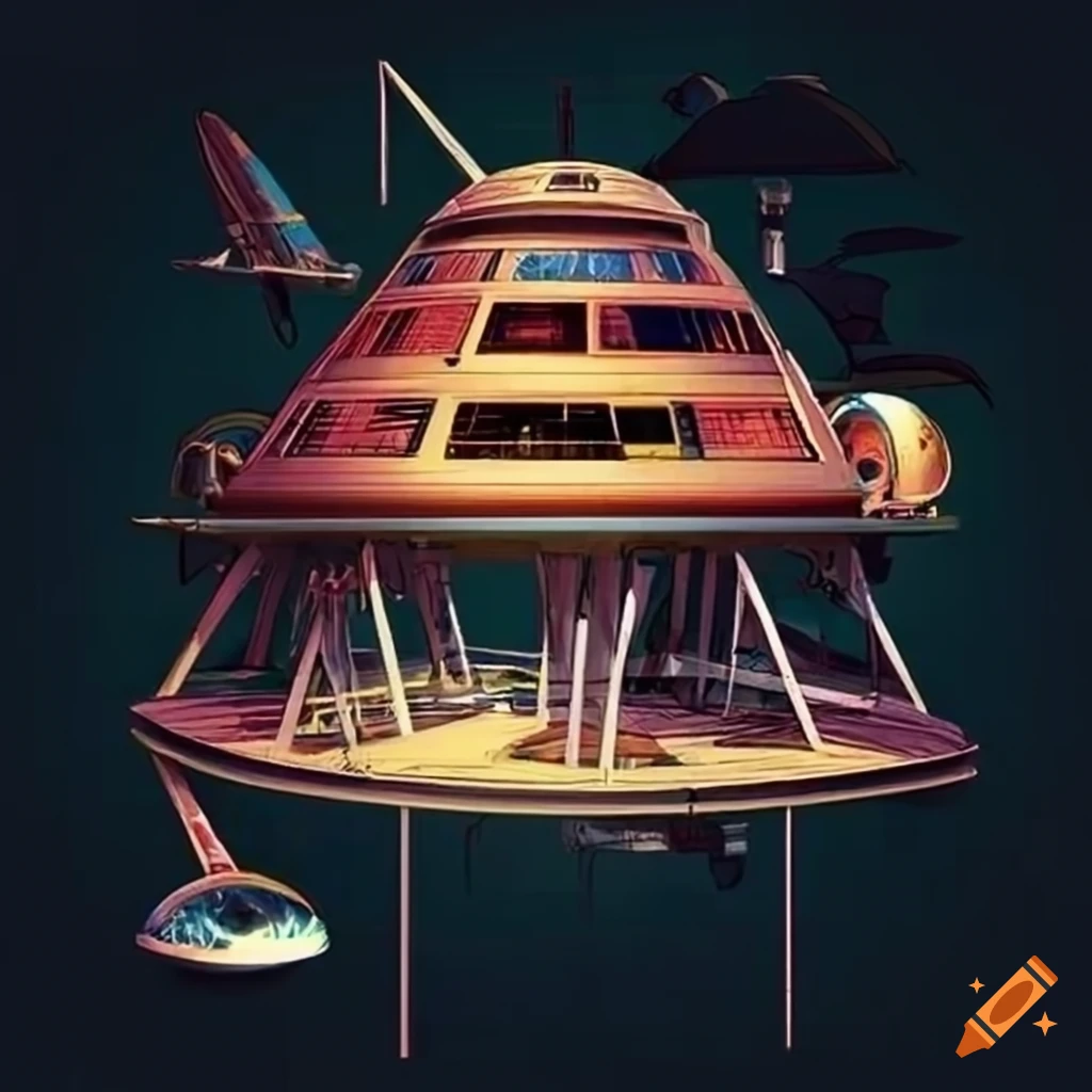 Retro-futuristic technical drawing of a unique living pod with landing ...