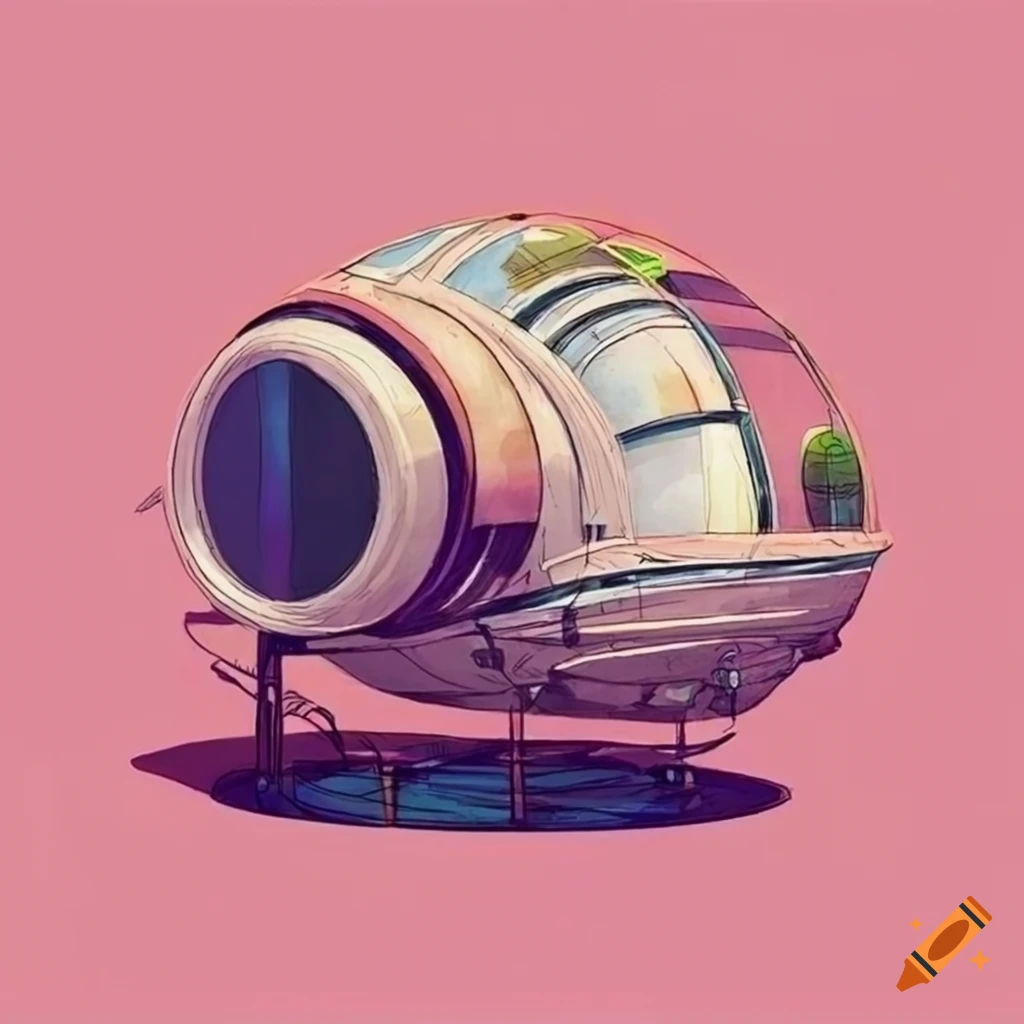 Retro futurism style technical drawing of a unique living pod on Craiyon