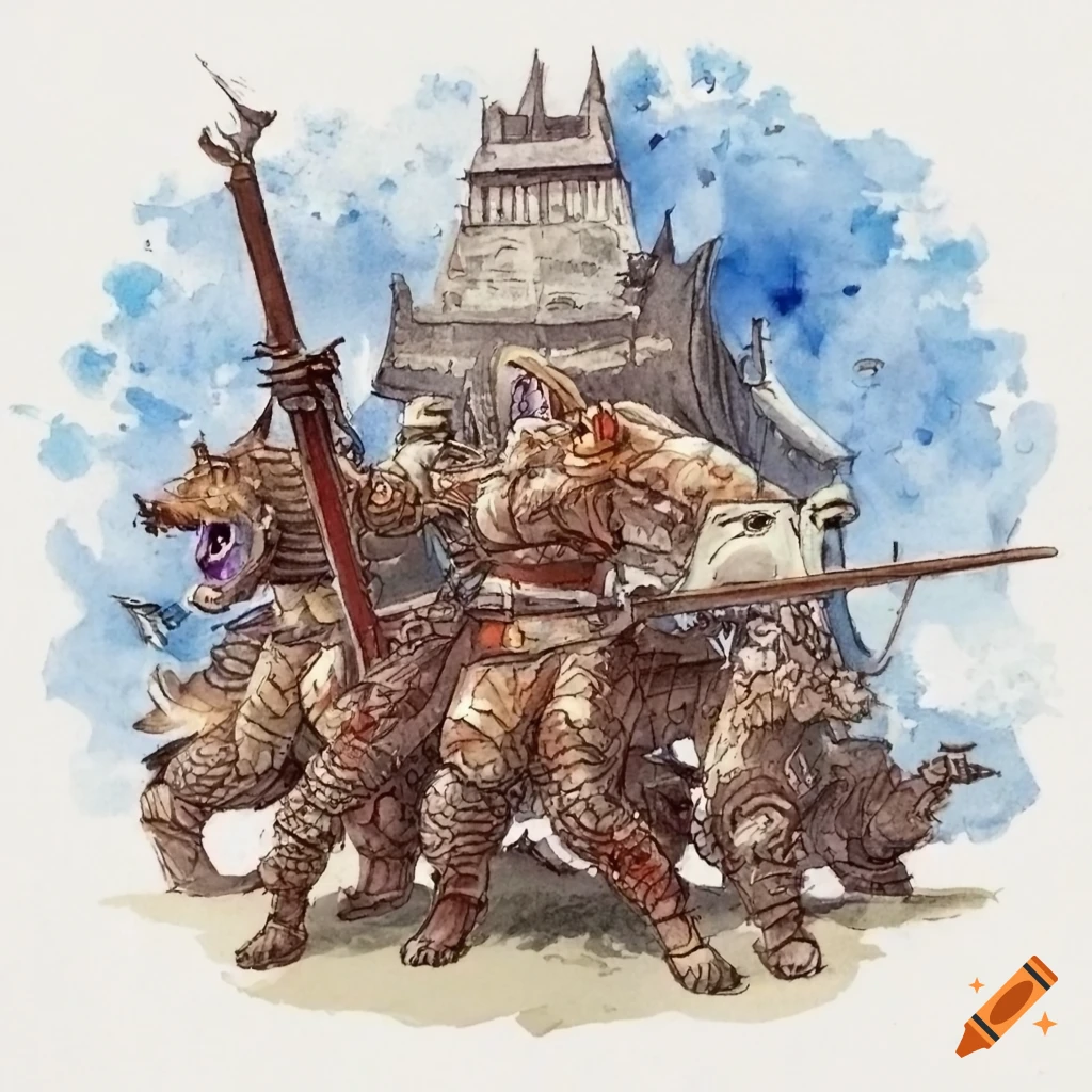 Watercolor of a fantasy battle with wolf knights and lizard wizards