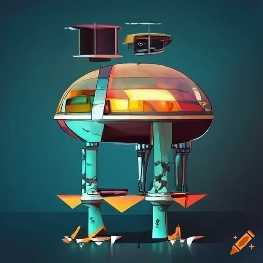 Detailed technical drawing of a retro futurism living pod with unique ...