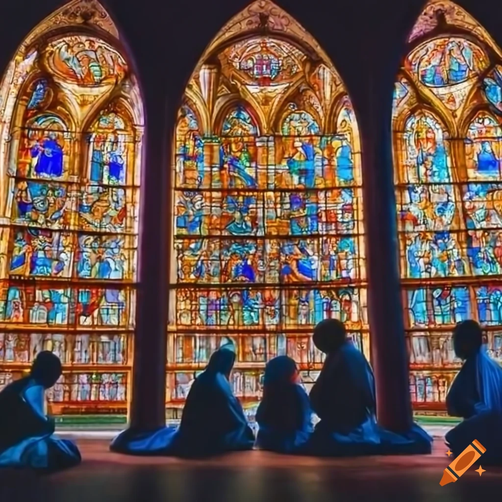 Men praying in a monastery with stained glass windows on Craiyon