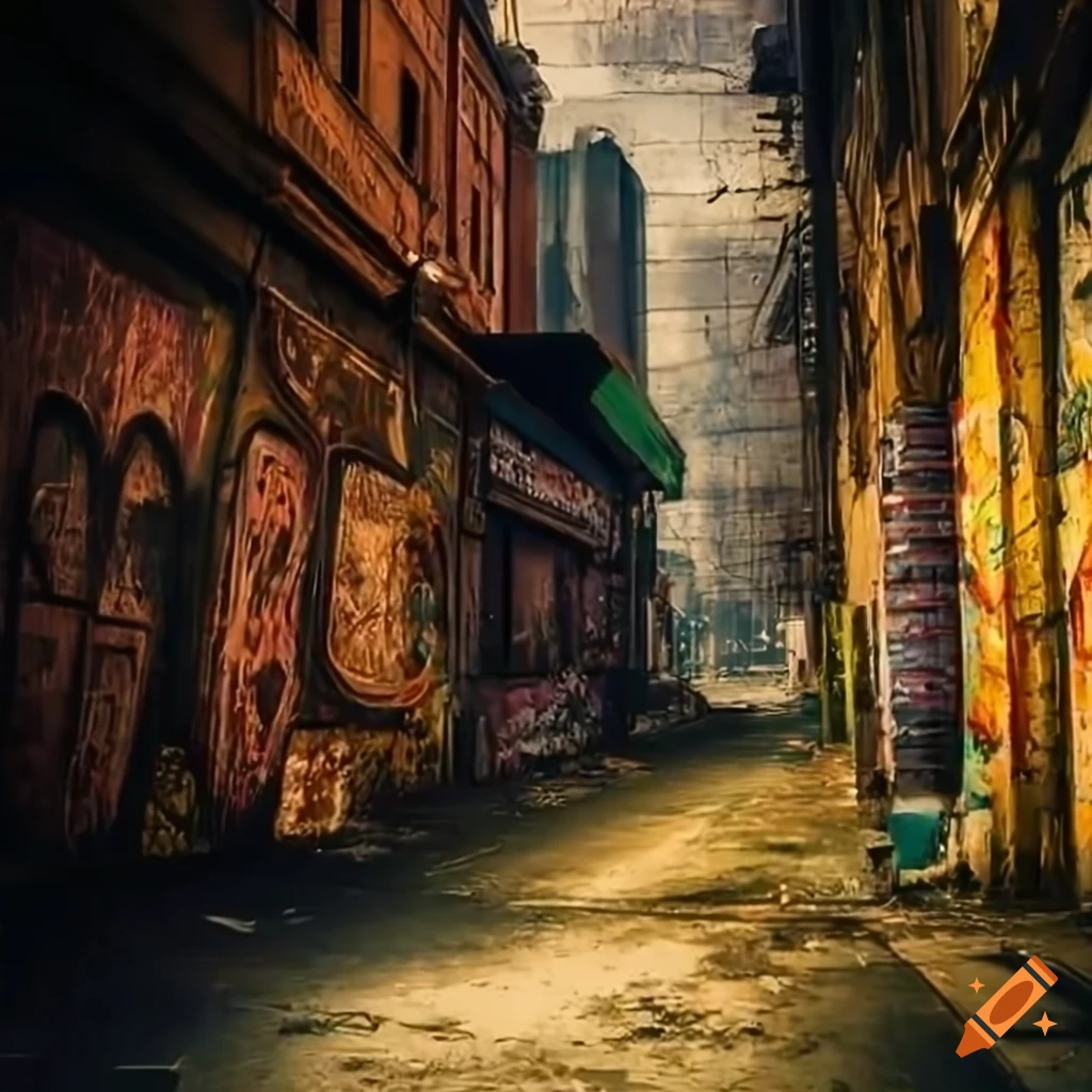 Urban cityscape with run down shops and billboards on Craiyon