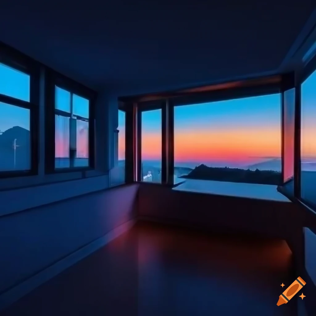 Peaceful pastel sky view from an old house window on Craiyon