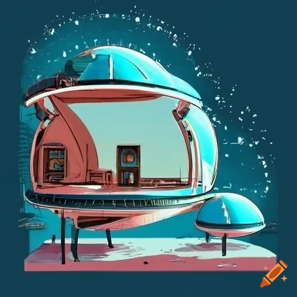 Retro-futuristic technical drawing of a living pod with unique landing ...