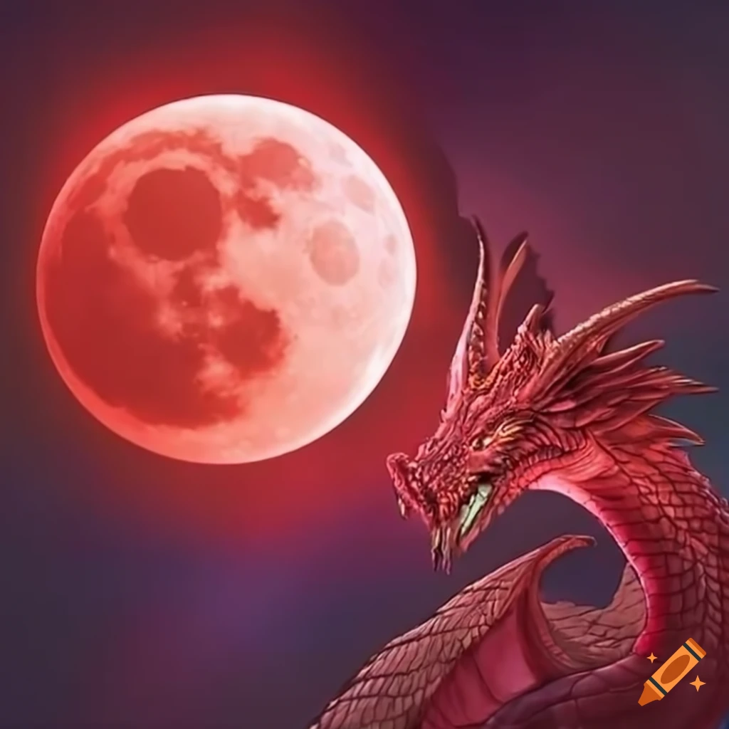 Image of a majestic glowing dragon under a blood-red moon on Craiyon