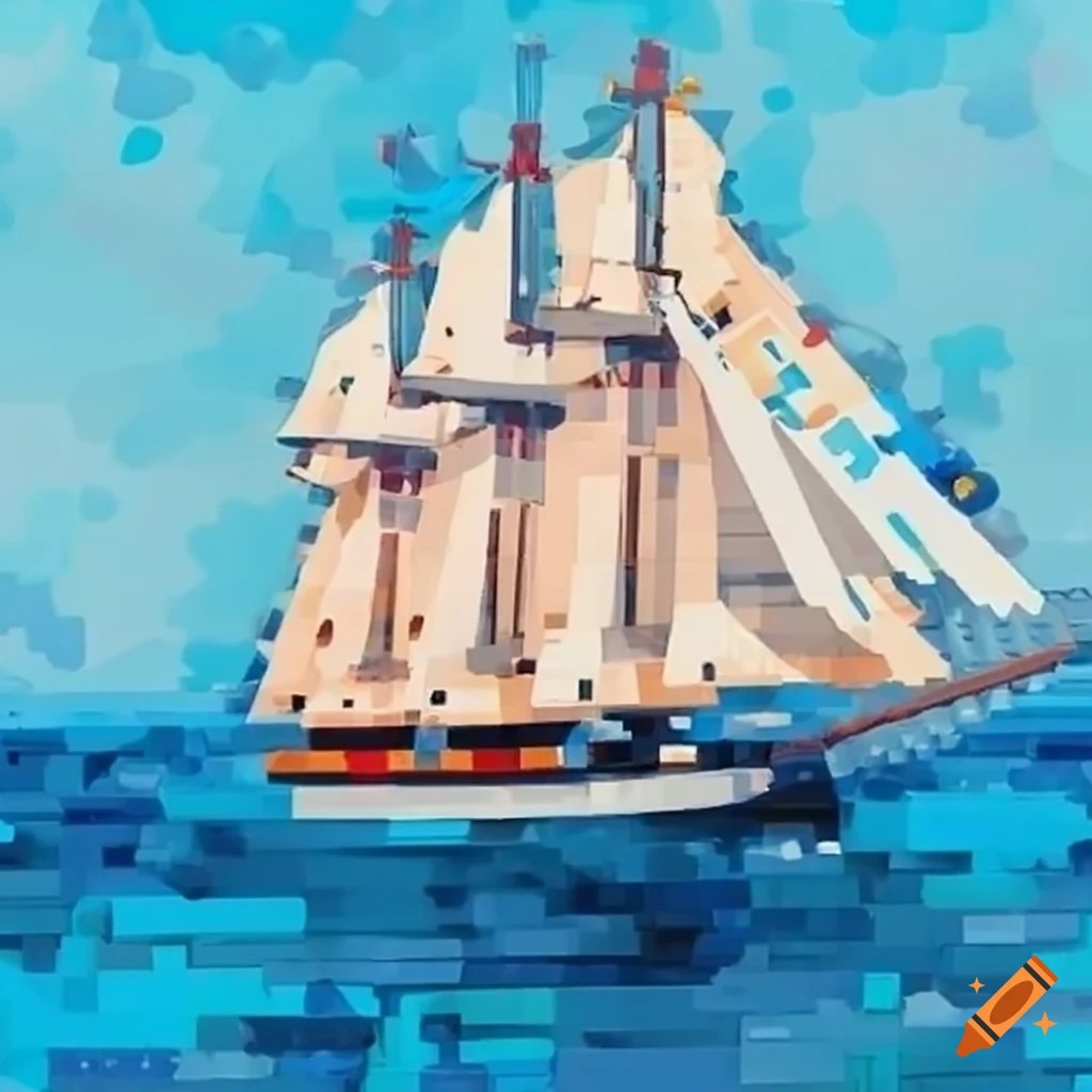 Lego replica of bluenose ii sailing on a lego sea