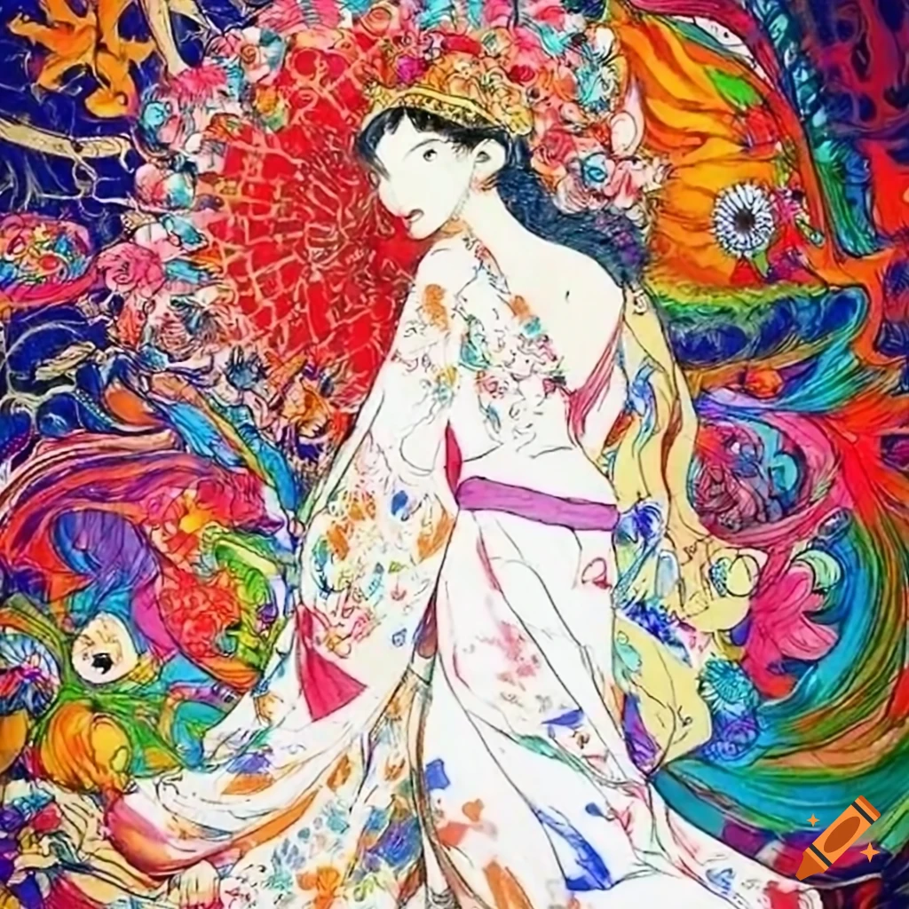 Colorful manga sketch of a japanese woman in white on Craiyon