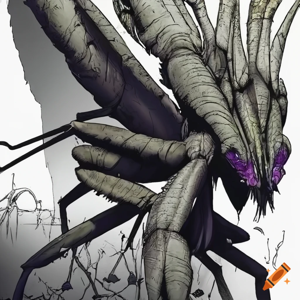 Colorful manga artwork of a demonic preying mantis