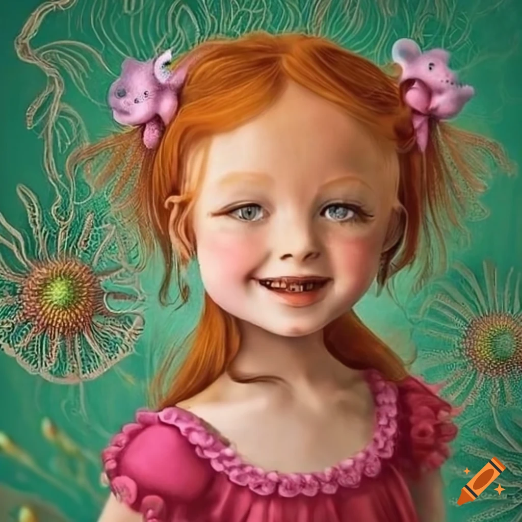 Adorable illustration of smiling ginger-haired dressed girls on Craiyon