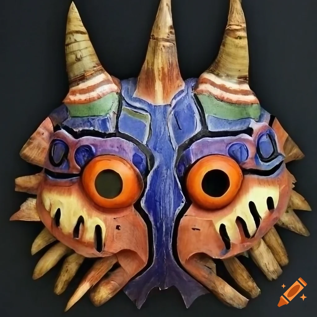 Handcrafted majora's mask with wooden and pumpkin elements on Craiyon