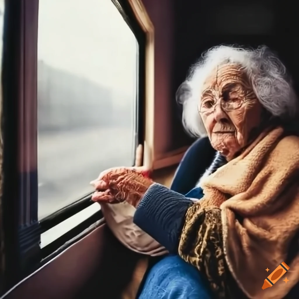 Senior woman looking out of train window on Craiyon