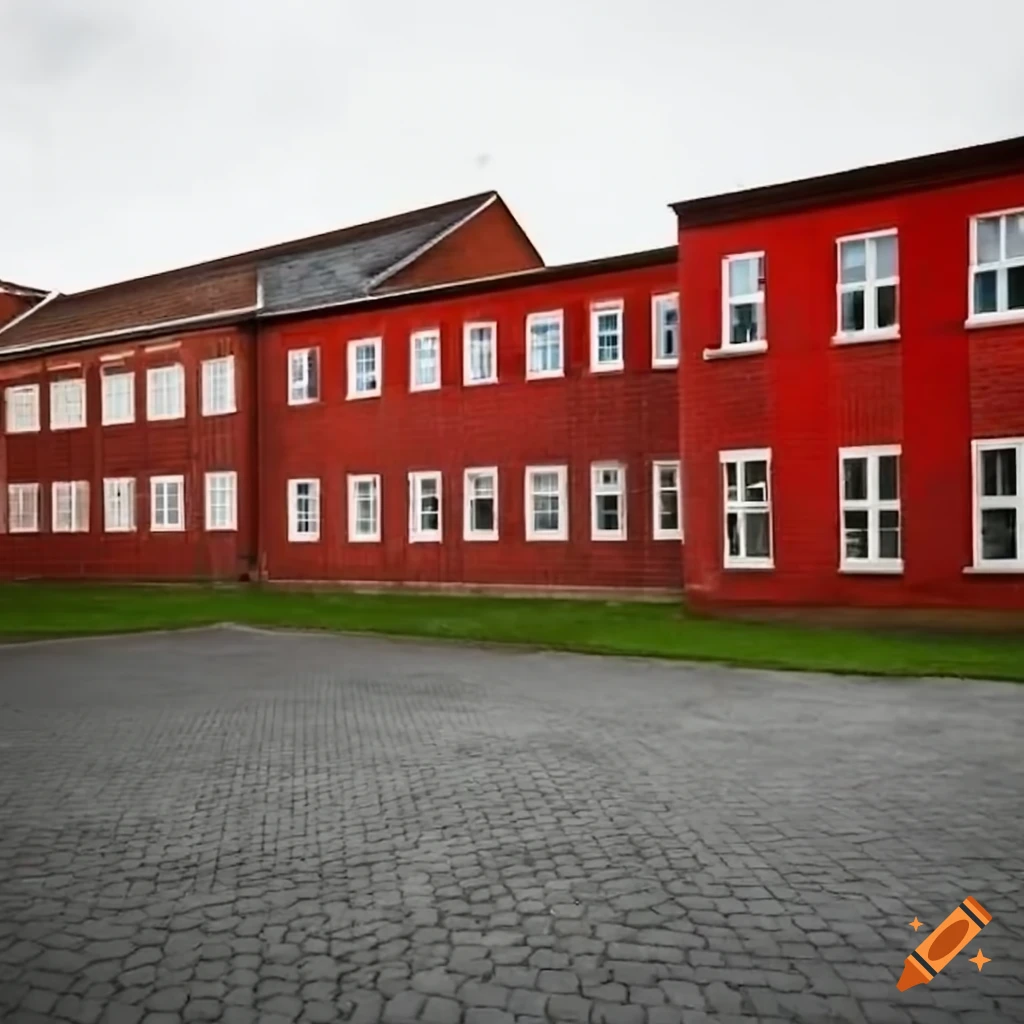 Two-storey school buildings with a grey yard on Craiyon