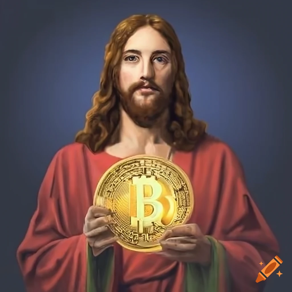 Jesus holding bitcoin in religious artwork on Craiyon