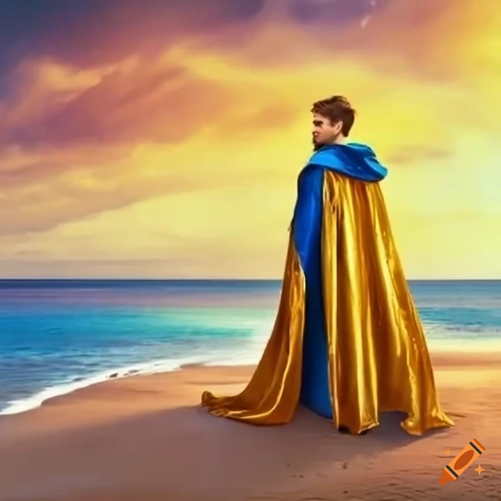 Image of a young royal man in a gold-blue cape on a fantasy beach on ...