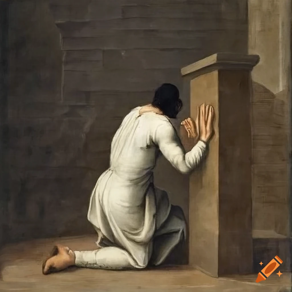 Painting of a man praying in front of a stone wall on Craiyon