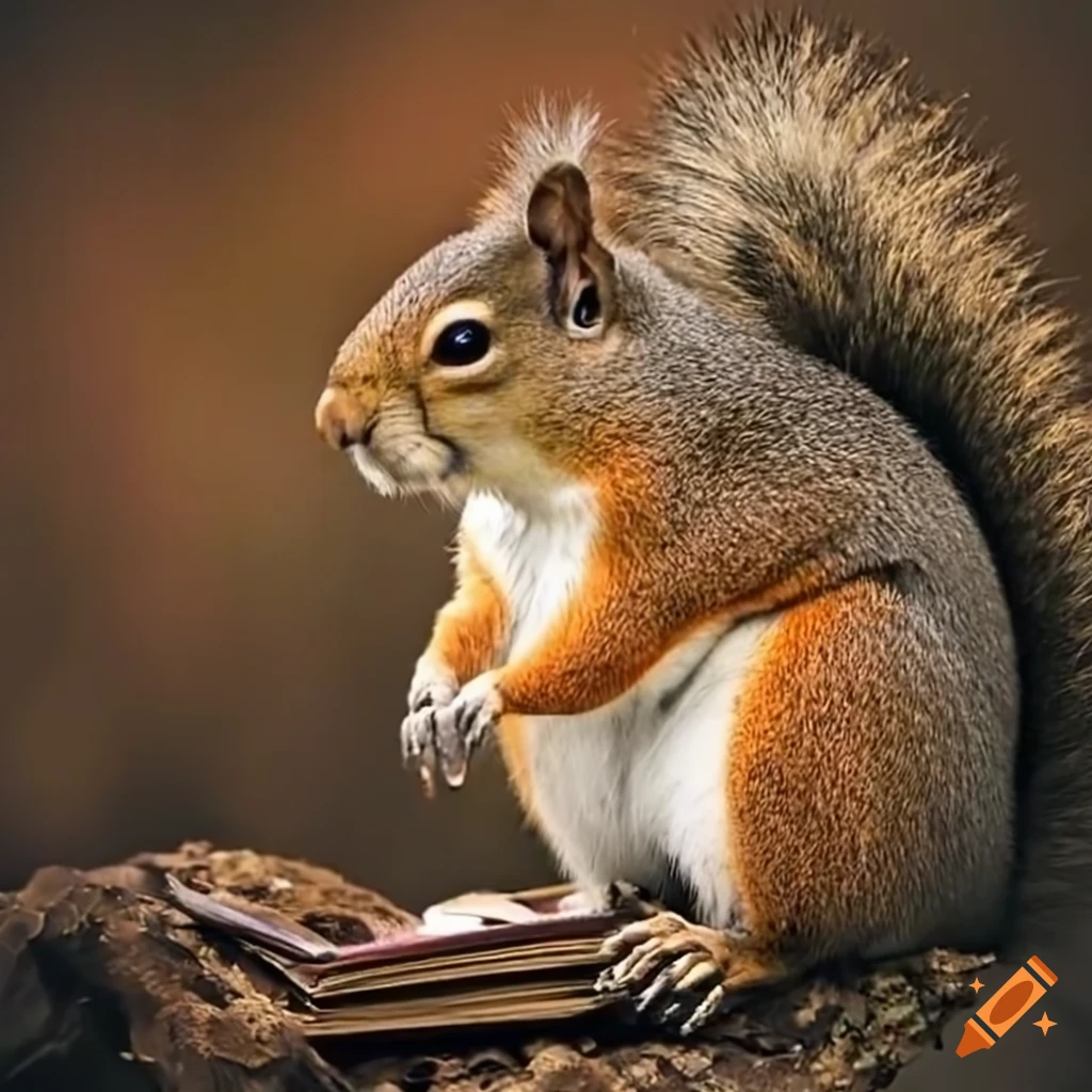 Artistic illustration of a squirrel writing in a book on Craiyon