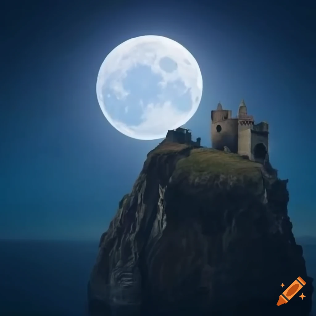Castle overlooking the sea under the full moon on Craiyon