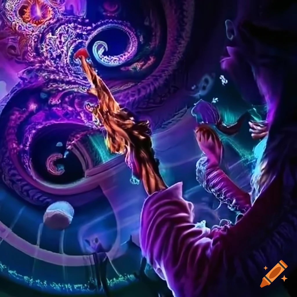 Kaleidoscopic image of a young wizard playing music