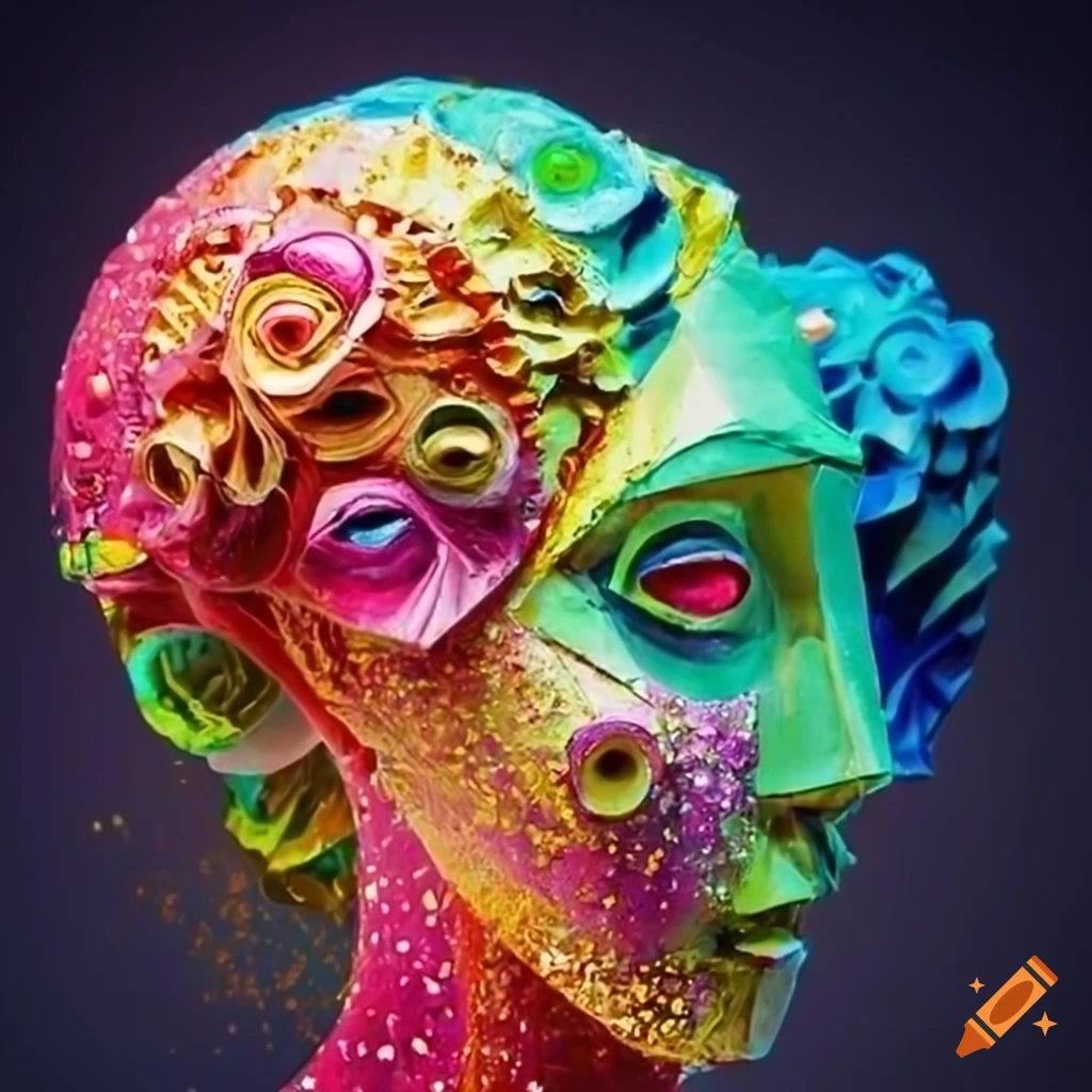 Sculpture of origami figures in vibrant colors on Craiyon