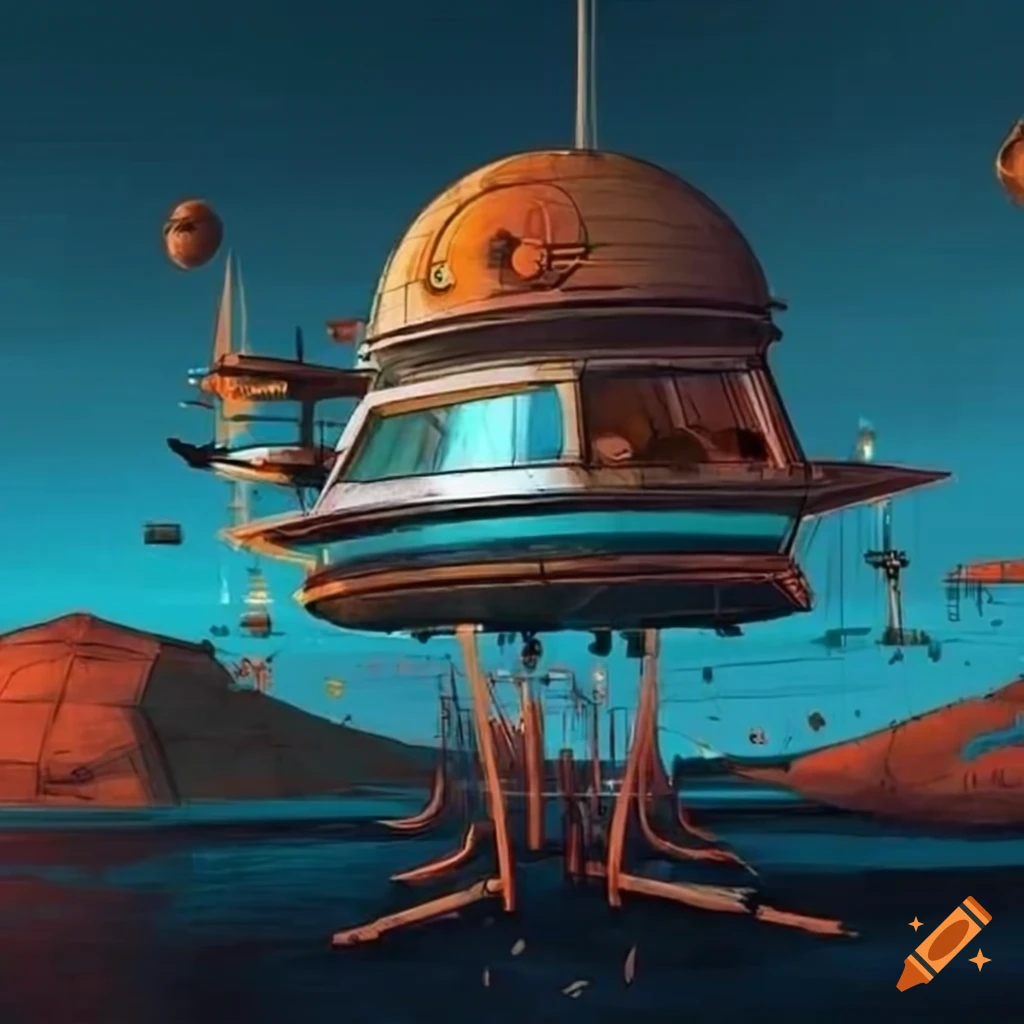 Retro-futuristic technical drawing of a unique living pod