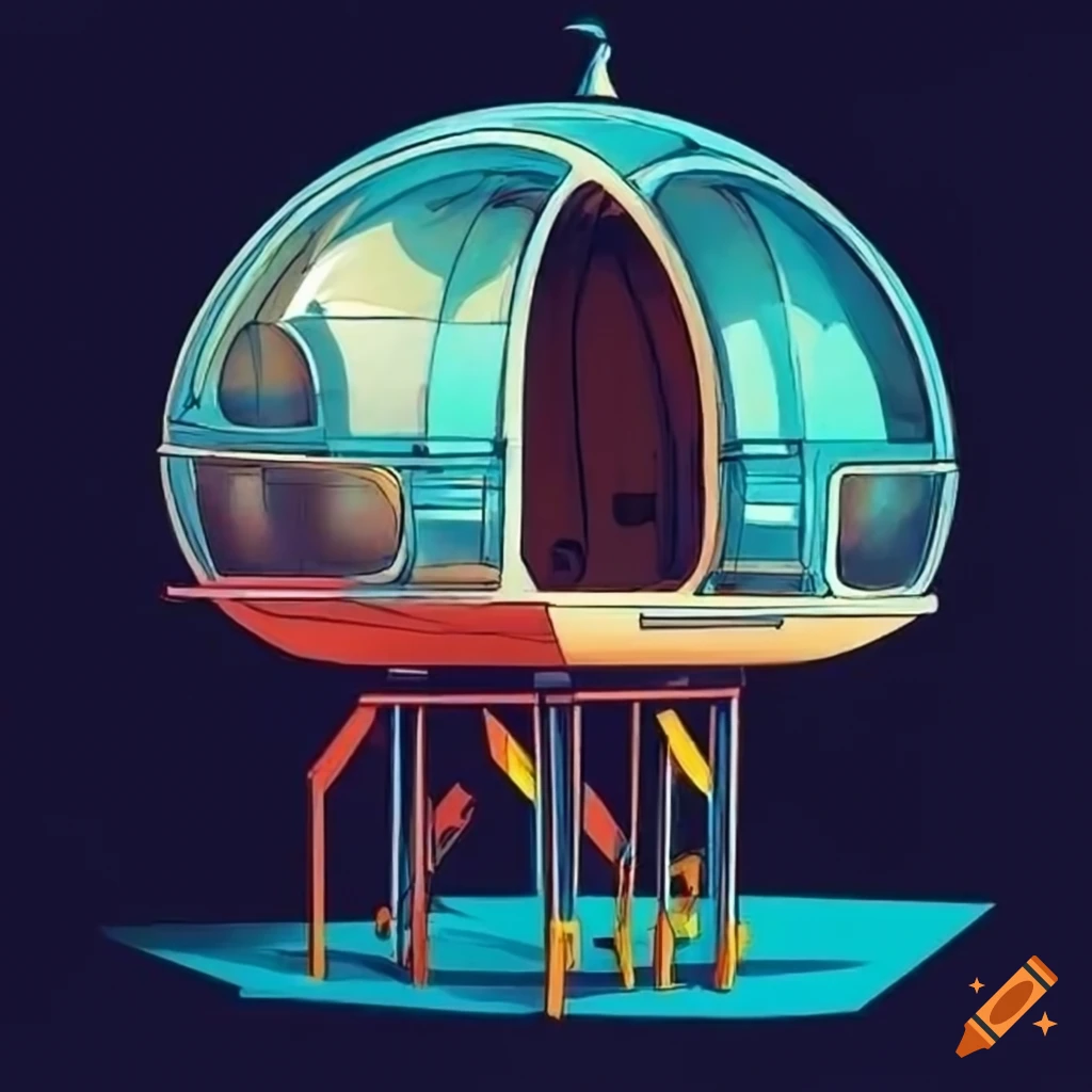 Retro futuristic technical drawing of a unique living pod on Craiyon