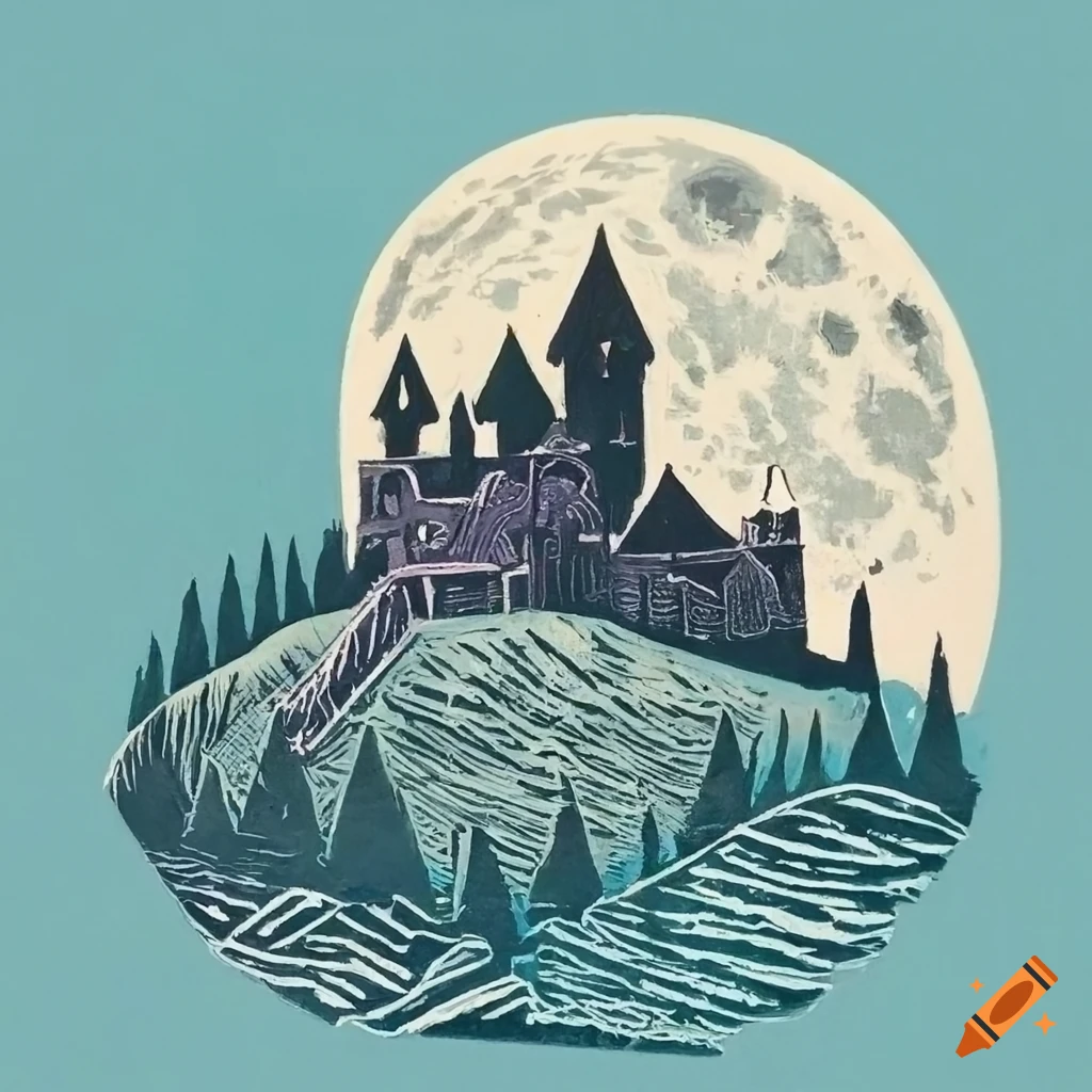 Linocut of a castle in a magical forest under the moonlight on Craiyon
