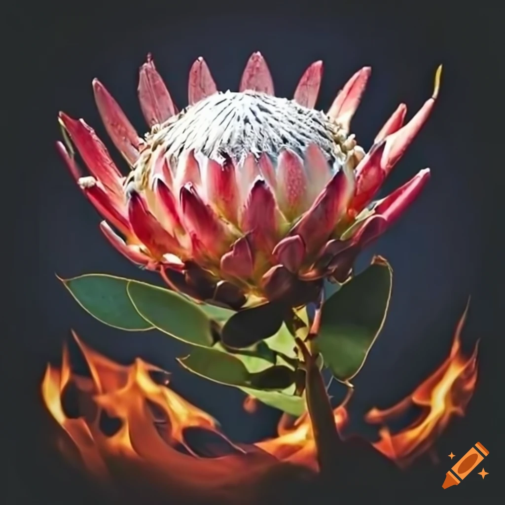 Flaming king protea flower artwork on Craiyon
