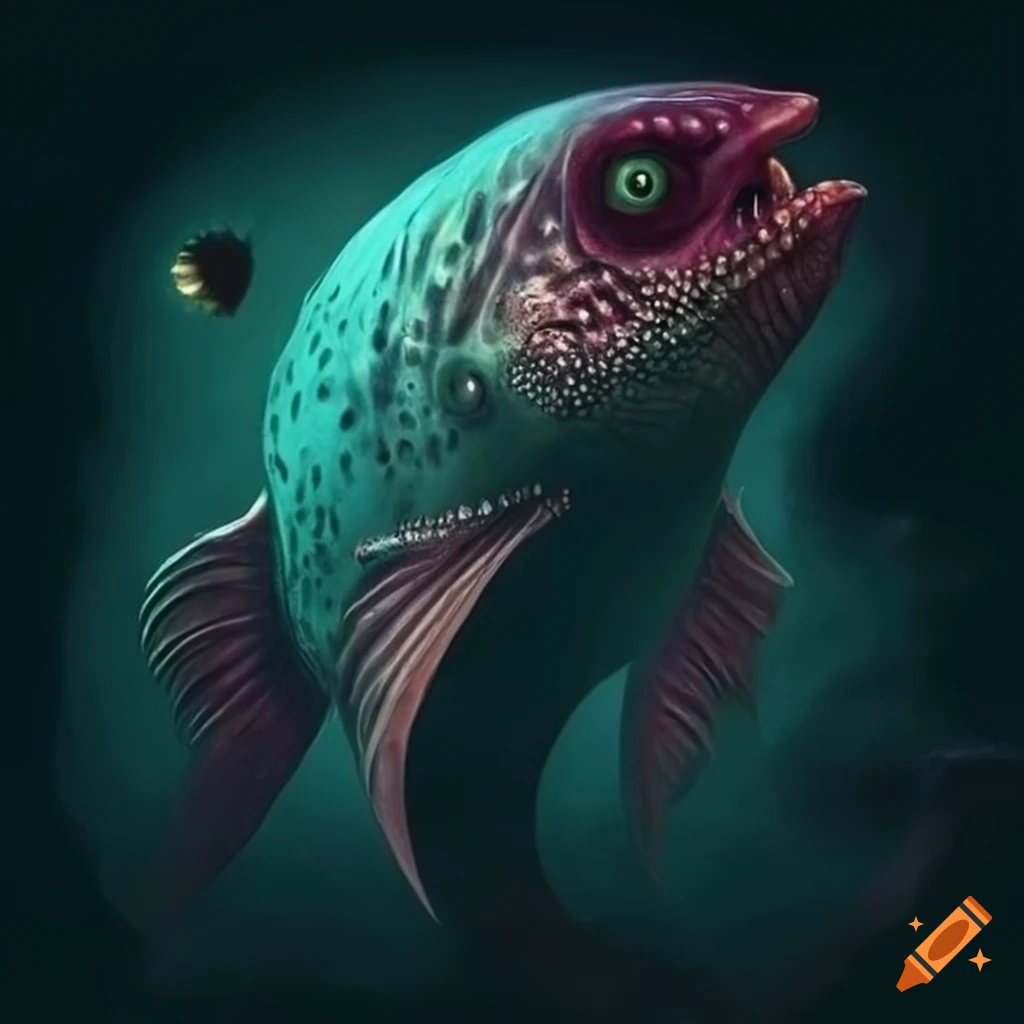 Surrealistic fish monsters in a dark abyss on Craiyon