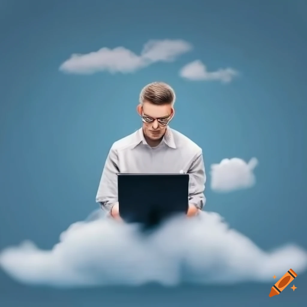 Person with laptop falling through the clouds on Craiyon