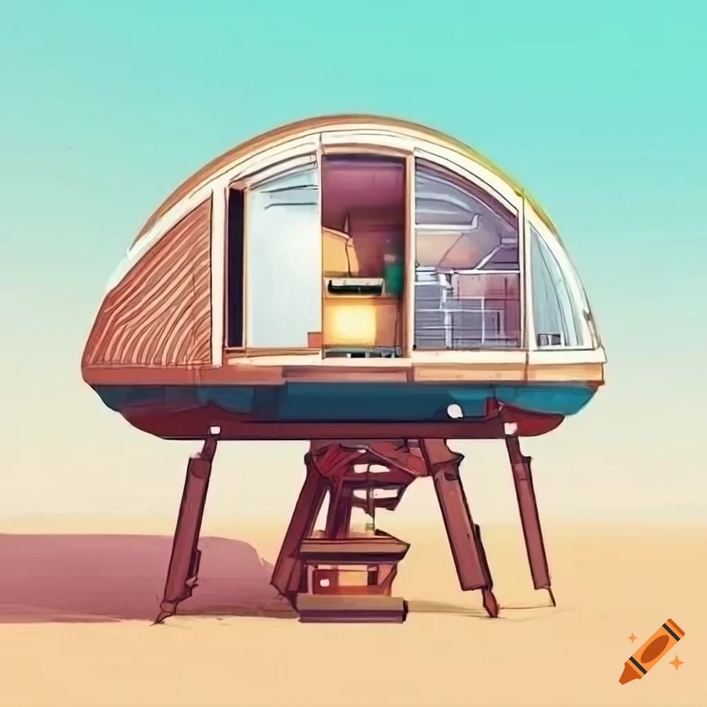 Minimalist technical drawing of a unique living pod with landing stilts ...