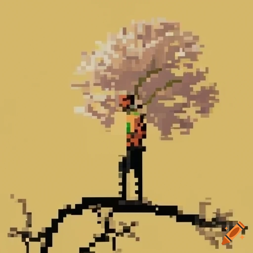 Pixel art of a man on a tree branch on Craiyon