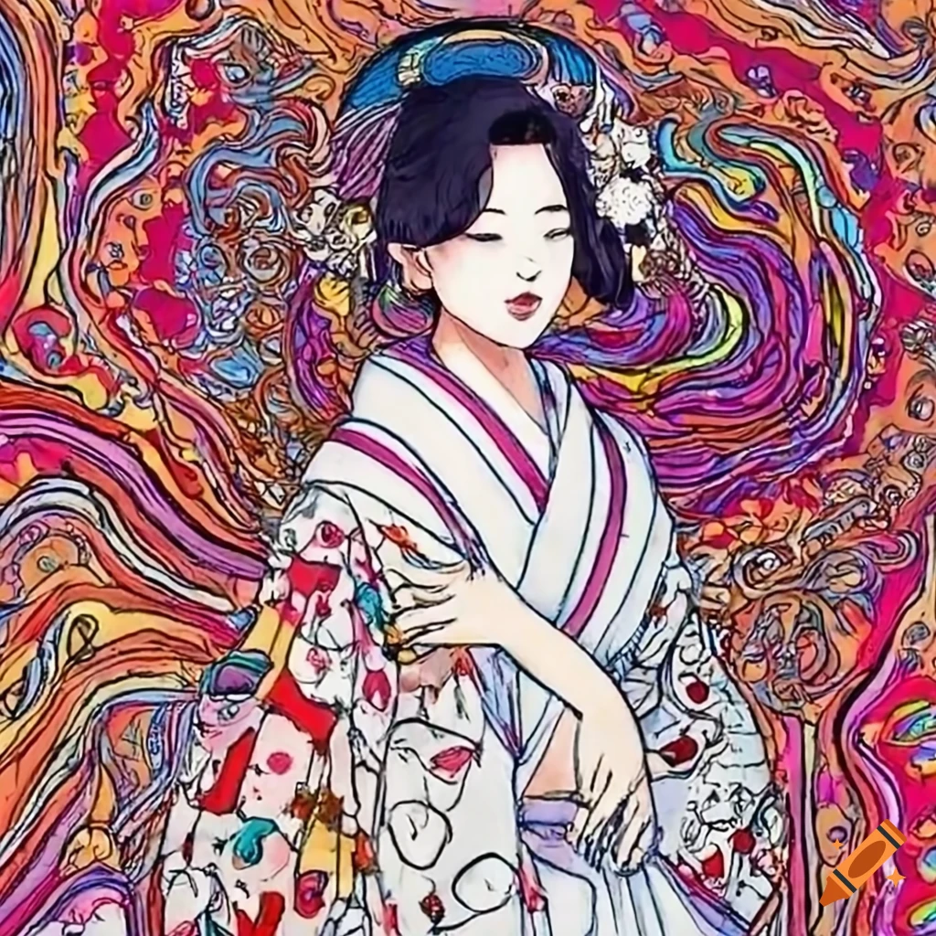 Colorful manga sketch of a Japanese woman on Craiyon