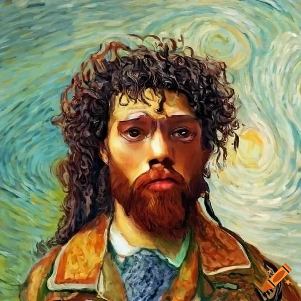 Portrait of a bearded man with long hair and sunglasses in van gogh ...