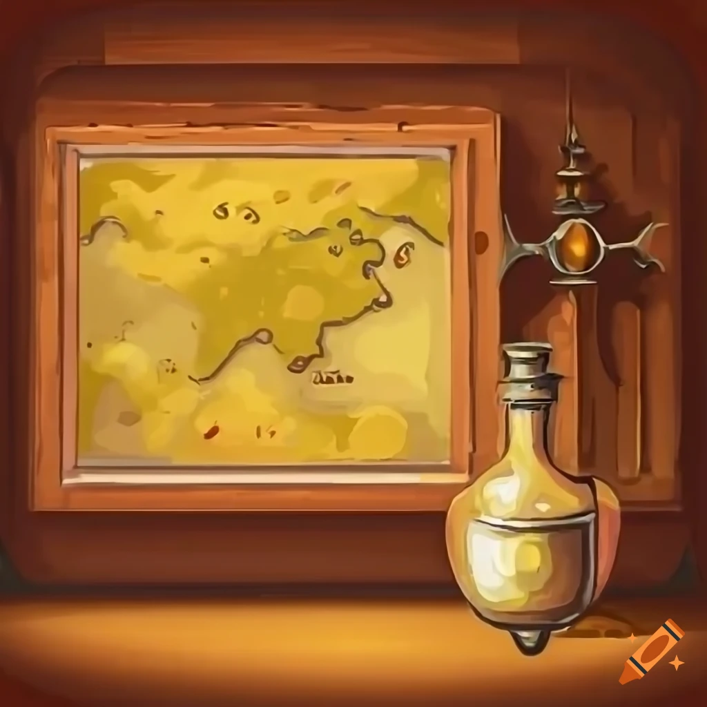 Fantasy map, sword, and golden potion on a table