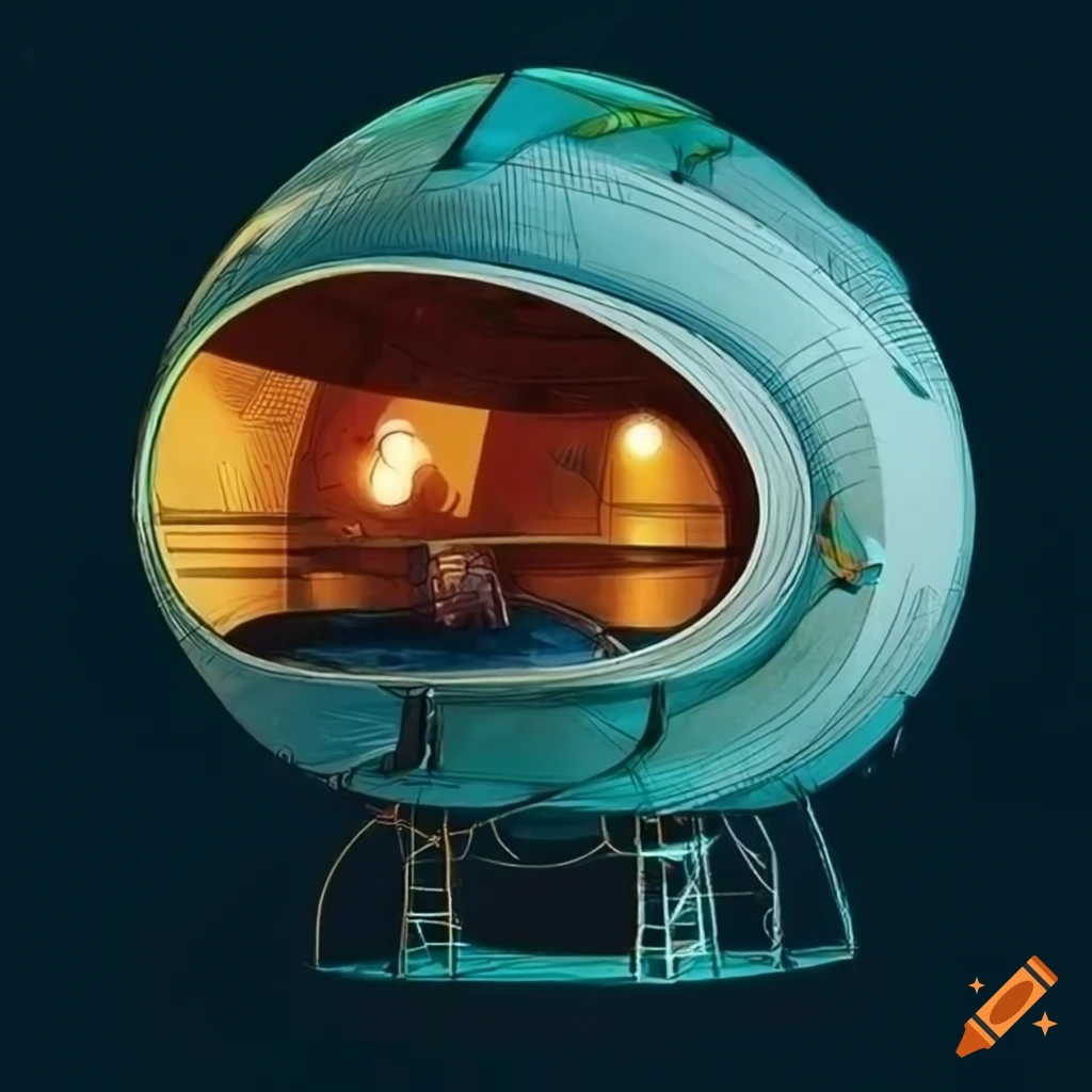 Detailed technical drawing of a retro futurism living pod on Craiyon
