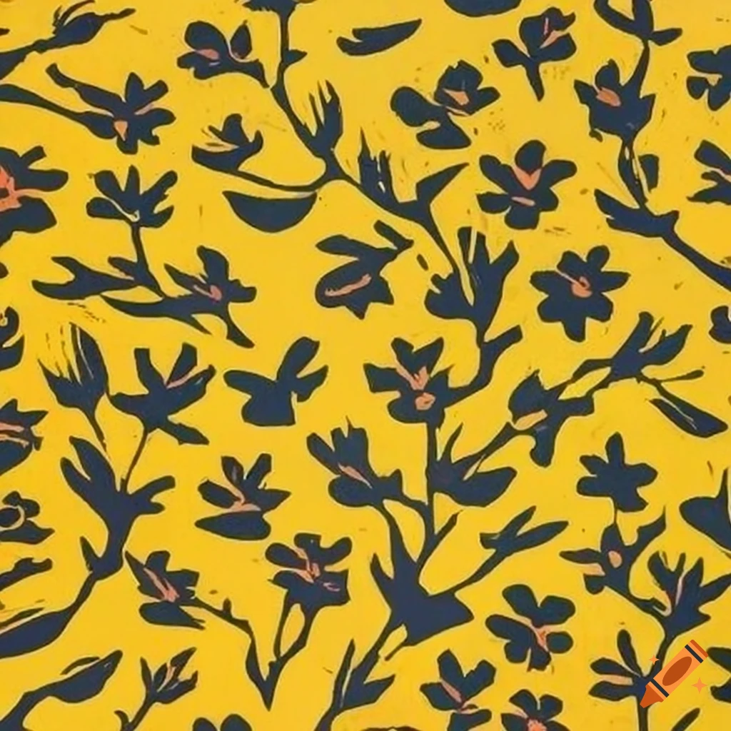 Yellow linocut print of repetitive flower pattern on Craiyon