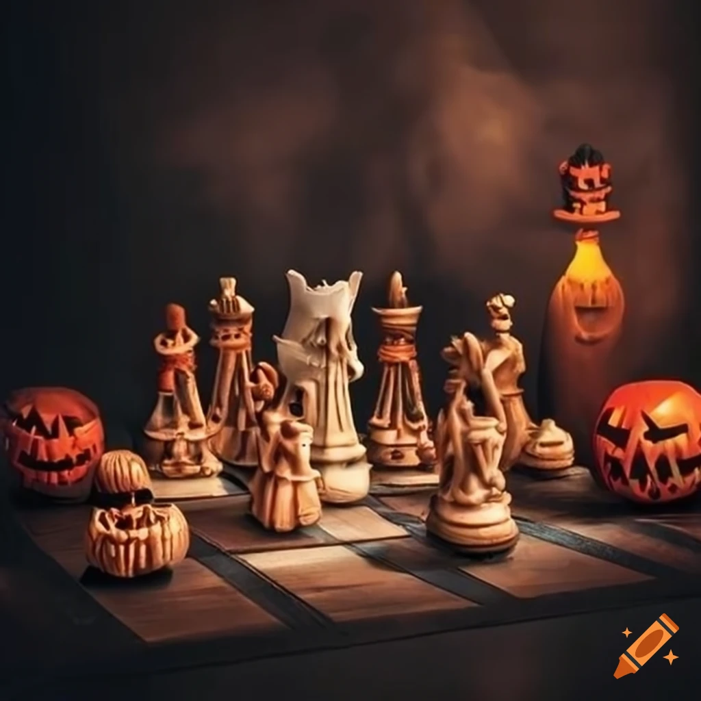 Creepy halloween-themed chess set