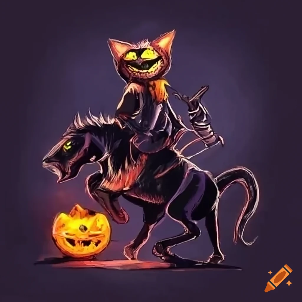 Illustration of a cat as the headless horseman on Craiyon