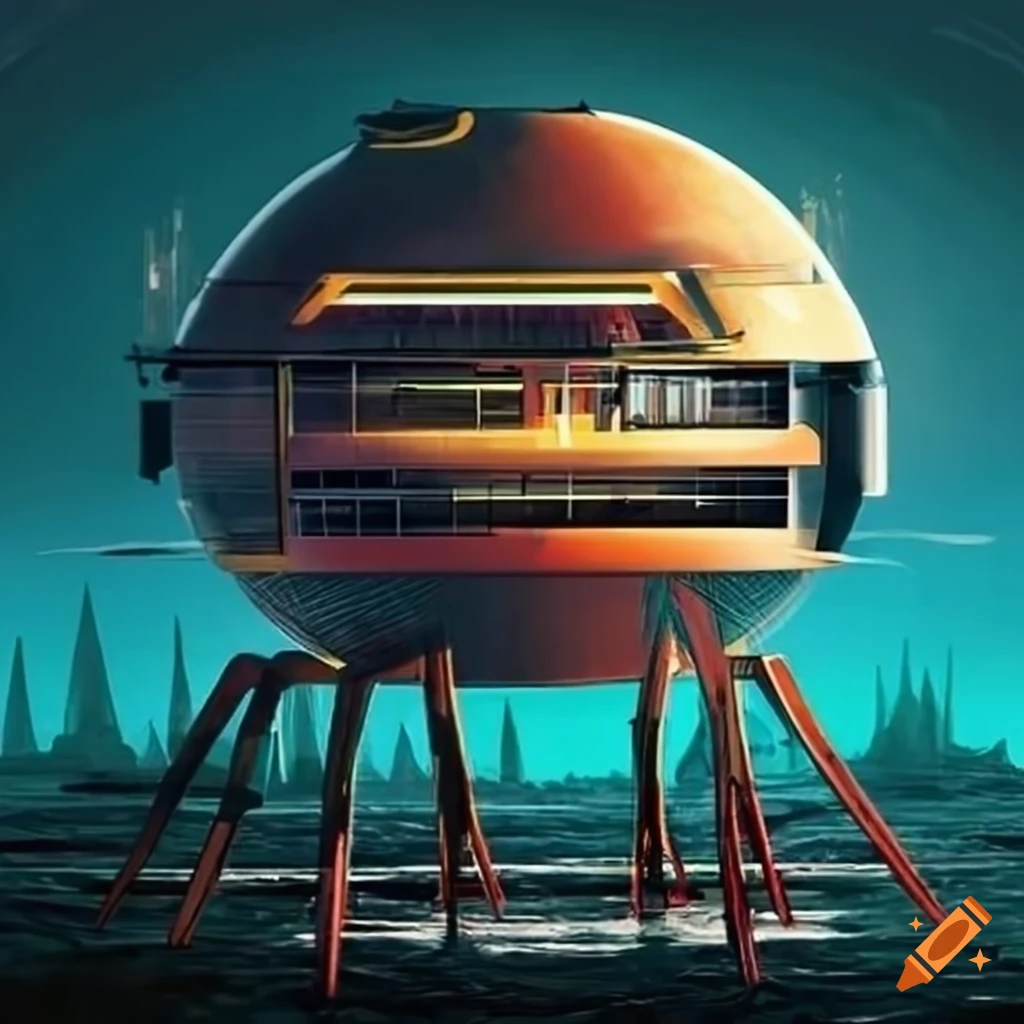 Detailed technical drawing of a retro futurism living pod with unique ...