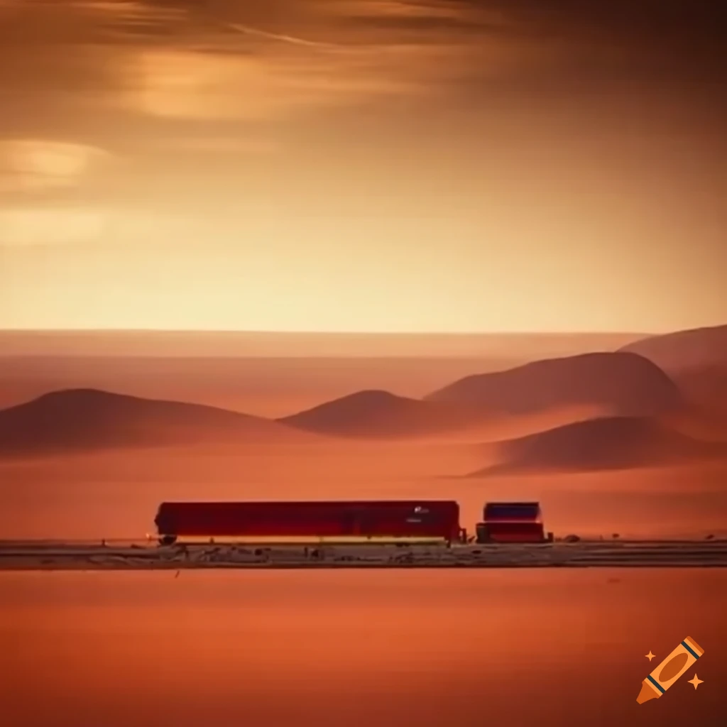 Long train of cargo containers crossing a desert on Craiyon
