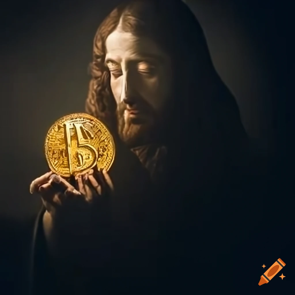 Medieval depiction of Jesus holding a glowing bitcoin on Craiyon