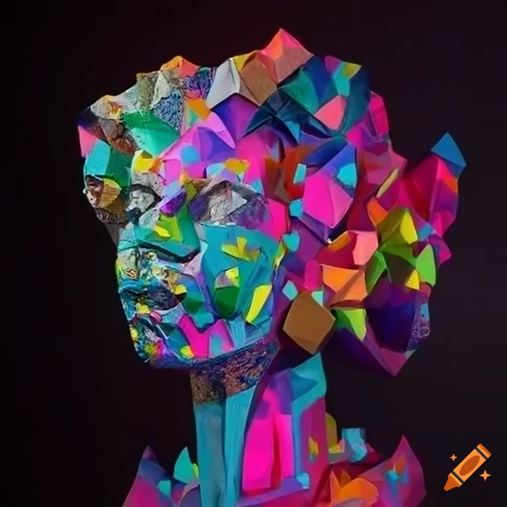 Sculpture of colourful origami figures on Craiyon