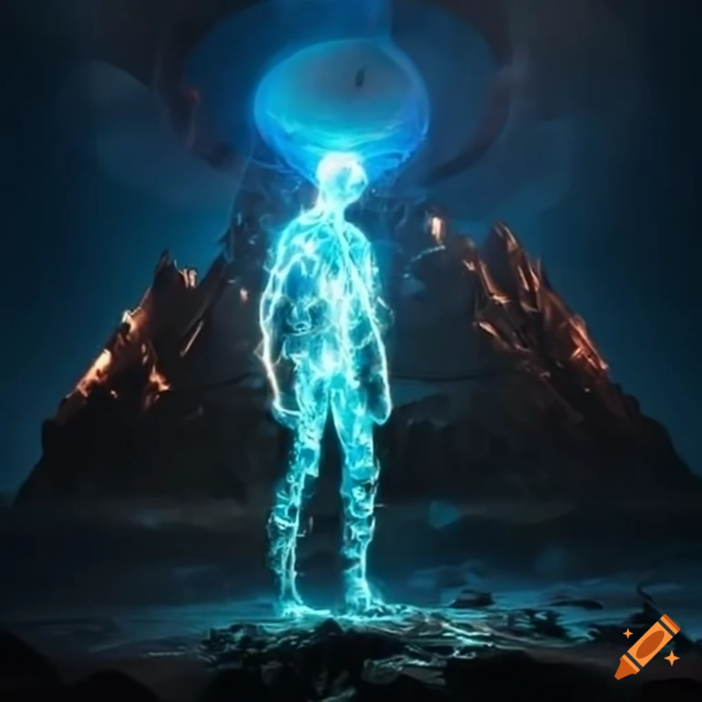 Digital art of a glowing hero in front of an energy portal
