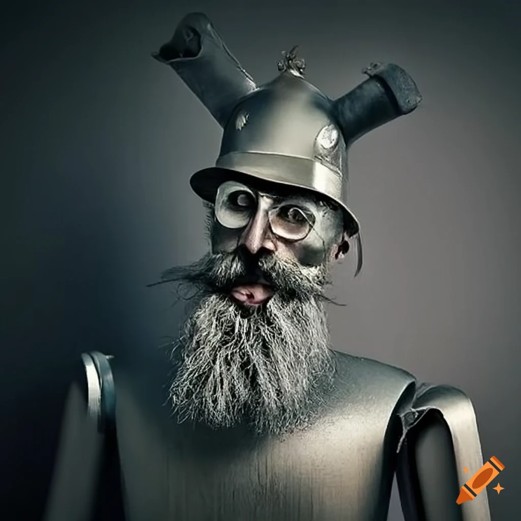 Image of a wise tin man with a staff and long beard on Craiyon