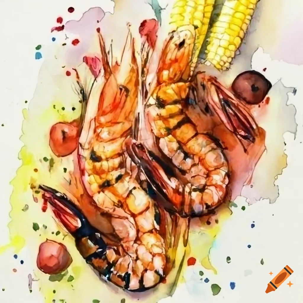 Watercolor painting of grilled prawns and corn