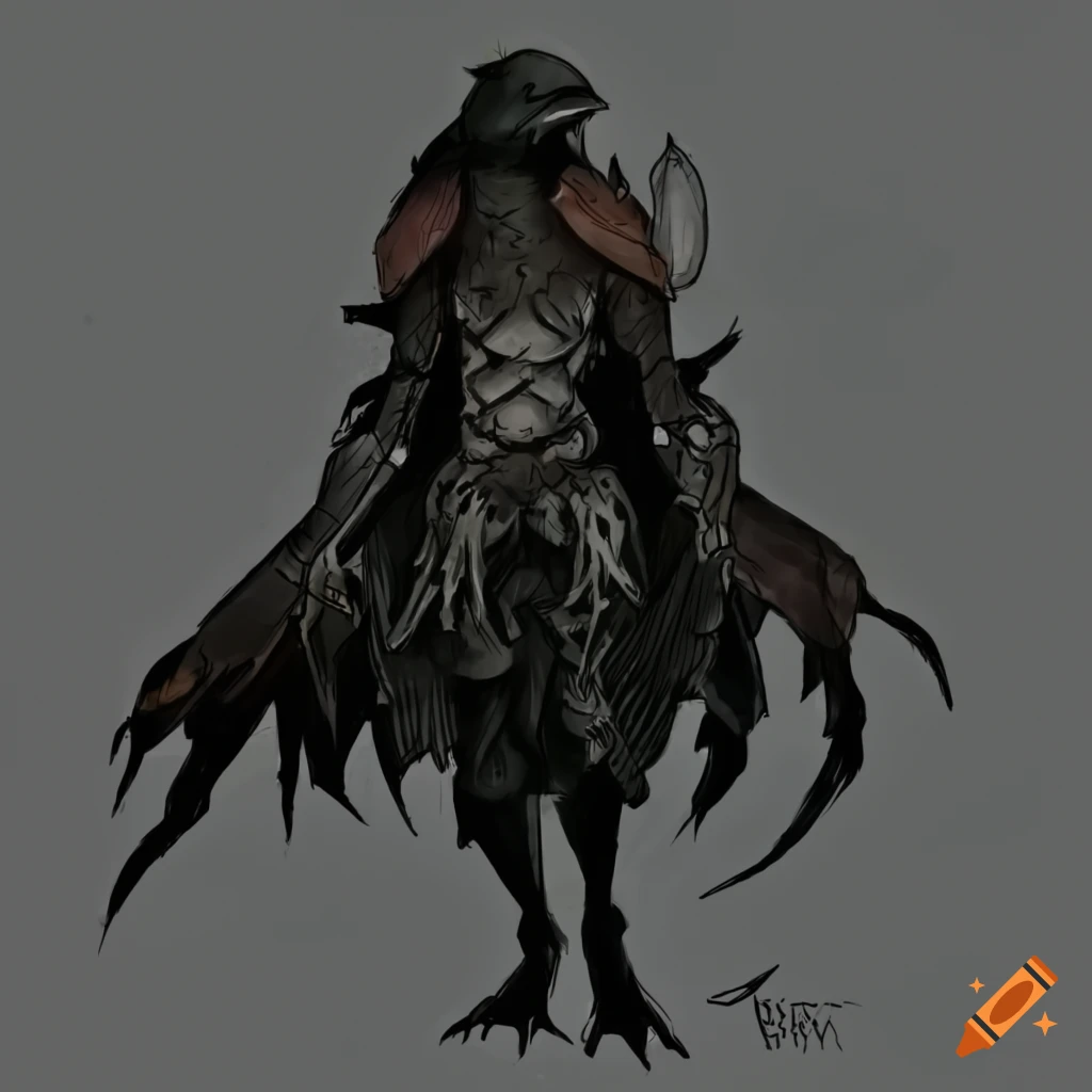 Illustration of a crow in leather armor in a forest on Craiyon