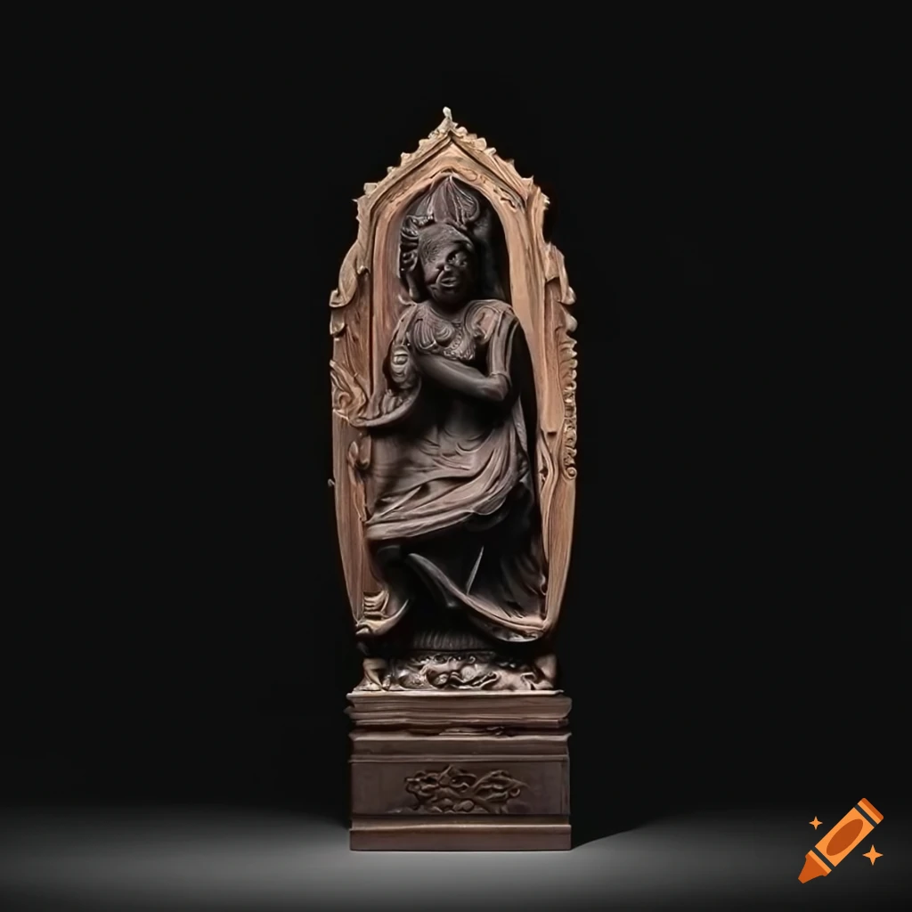 Medieval black textured carving of a holy saint covered in frost on Craiyon