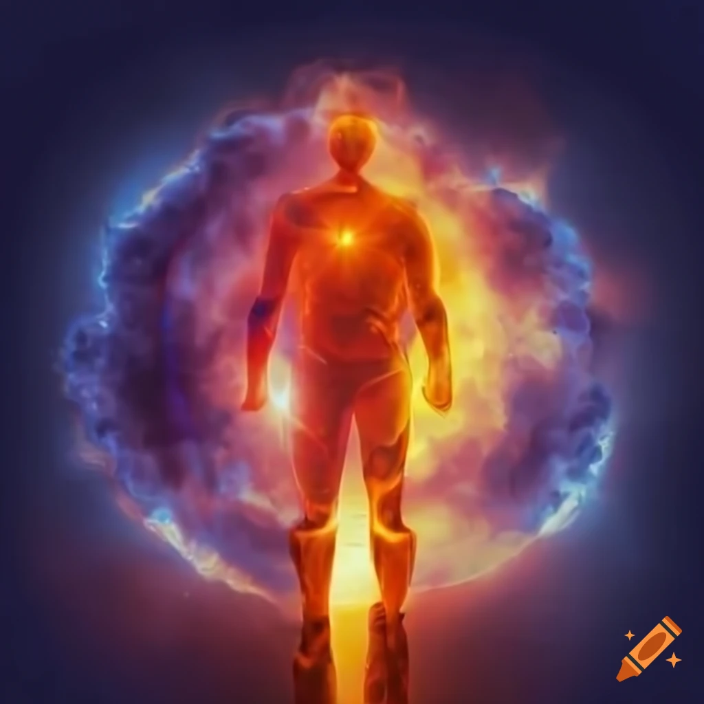 Glowing hero in front of a powerful explosion on Craiyon