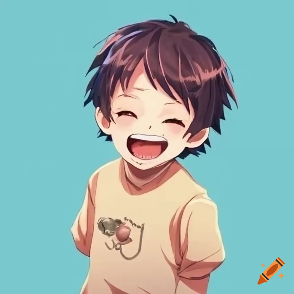 Anime depiction of a kid laughing uncontrollably on Craiyon