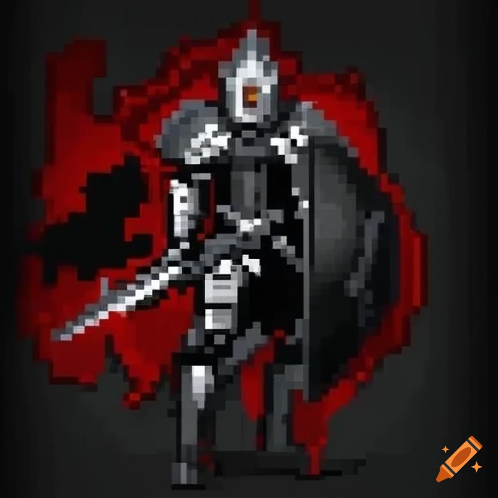 Pixel art of a black knight with red powers and silver sword on Craiyon